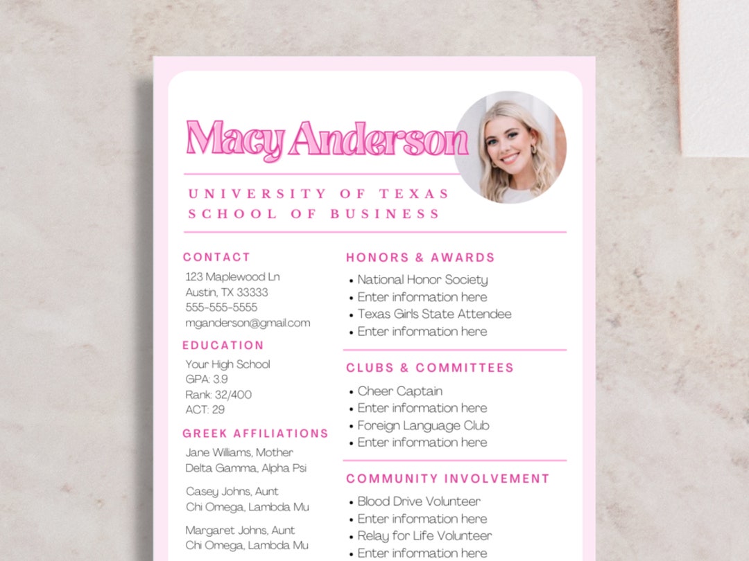 Pink Sorority Rush Resume Template, Cute Resume for Sorority Rush ...