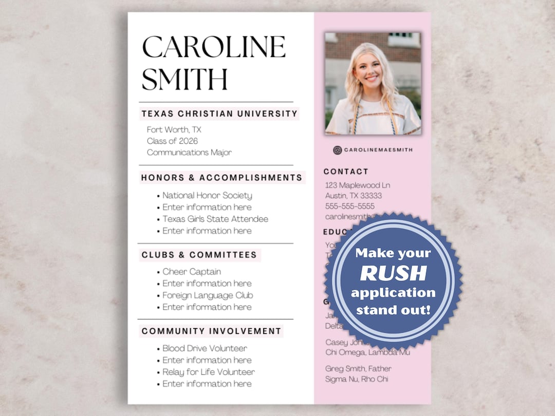 Resume Template for Sorority Rush & Cover Letter | Customizable Canva ...