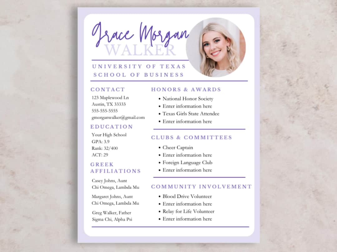 Sorority Rush Resume Template With Photo - Cute Canva Social Resume ...
