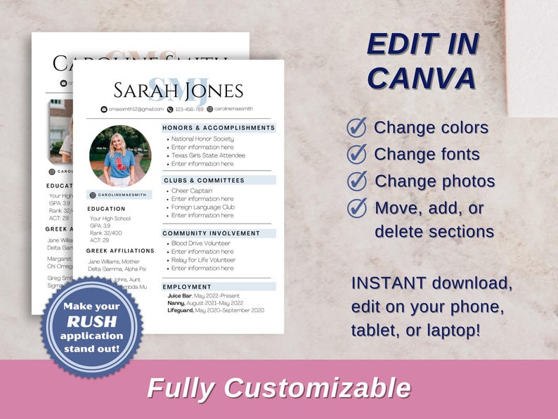 Sorority Rush Resume Template Pack | Cover Letter, Thank You Card ...
