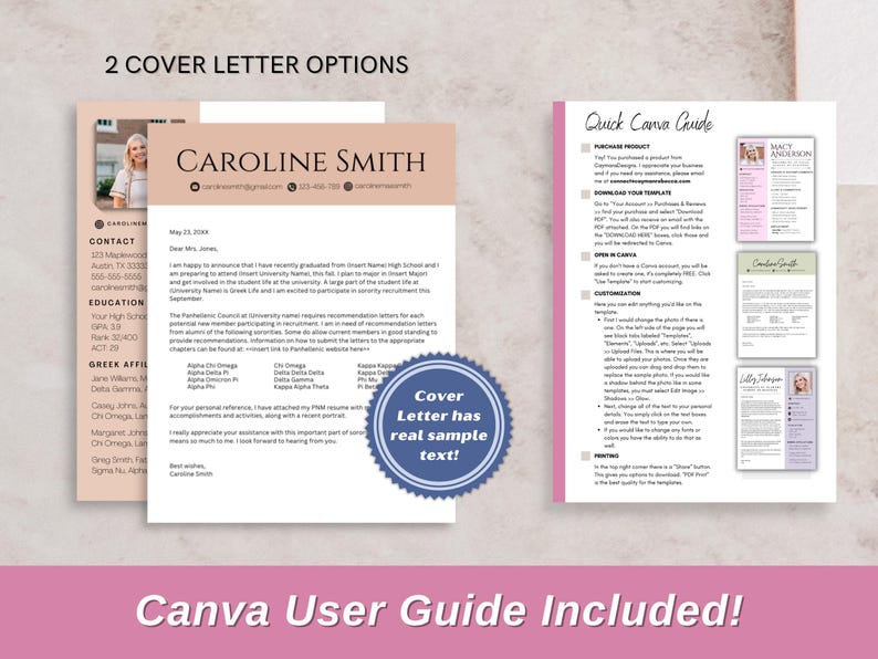 Sorority Rush Resume Template Pack | Cover Letter, Thank You Card ...