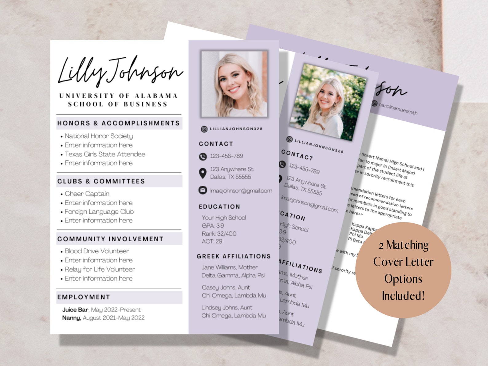 Sorority Recruitment Resume Packet - Purple Rush Packet, Social Resume ...