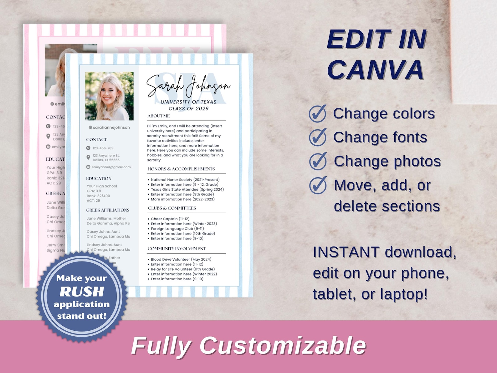 Sorority Rush Editable Resume With Photo + Cover Letter | Pink Social ...