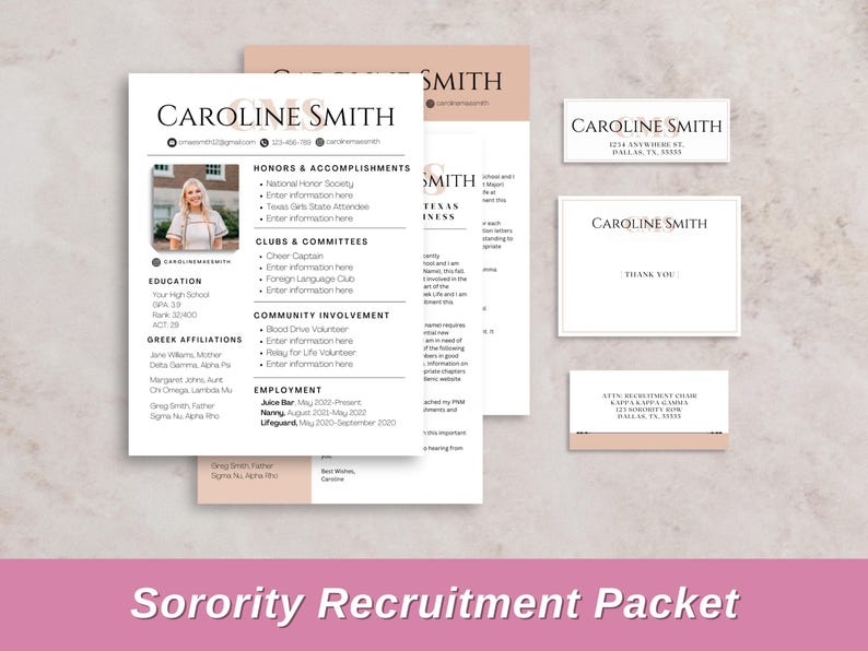 Sorority Rush Resume Template Pack | Cover Letter, Thank You Card ...
