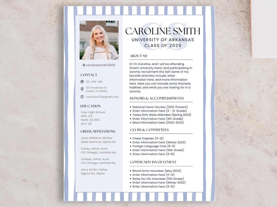 Blue Editable Sorority Rush Resume With Photo + Cover Letter | Canva ...