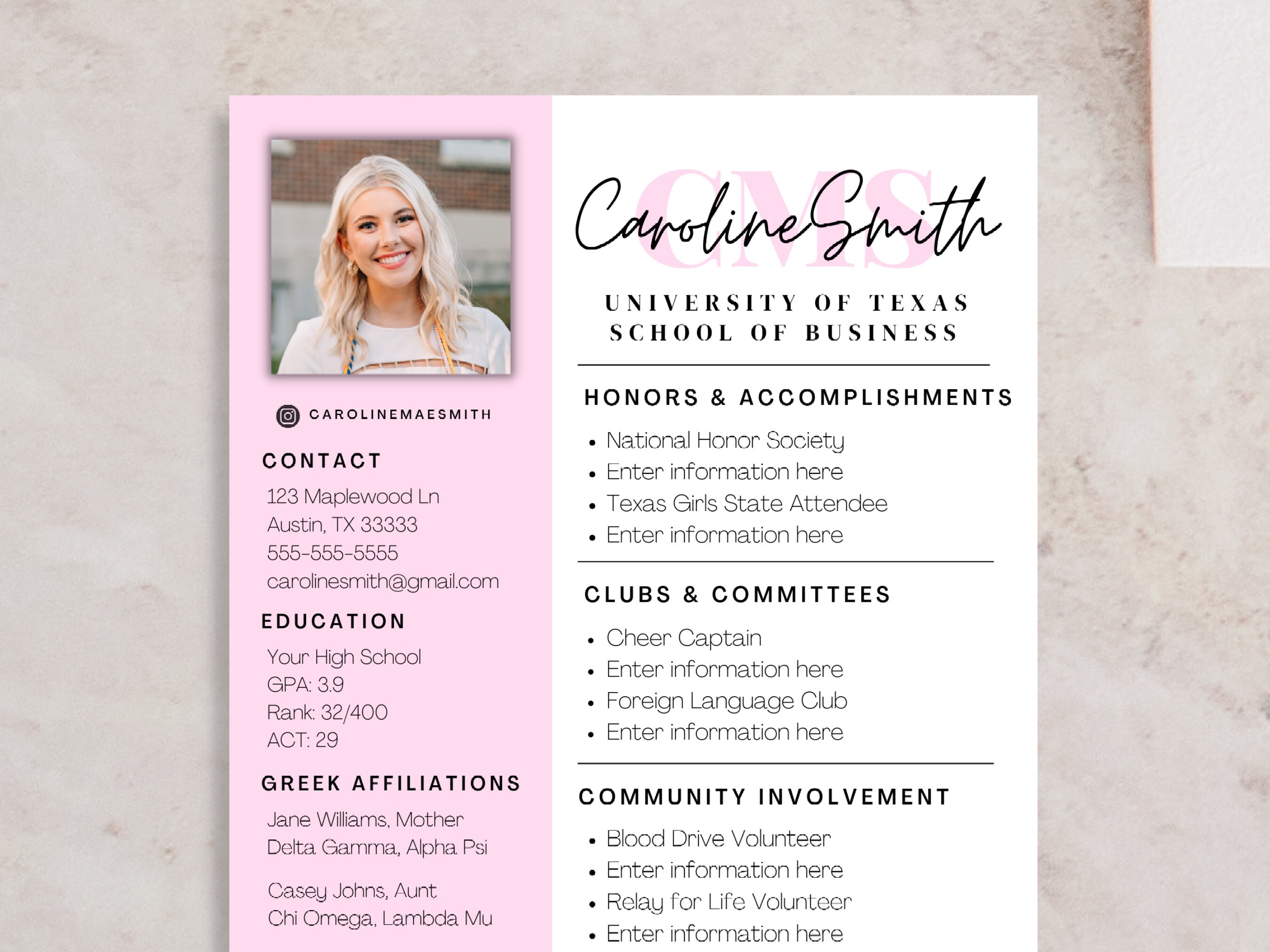 Sorority Resume And Cover Letter Recruitment Resume Template With Photo