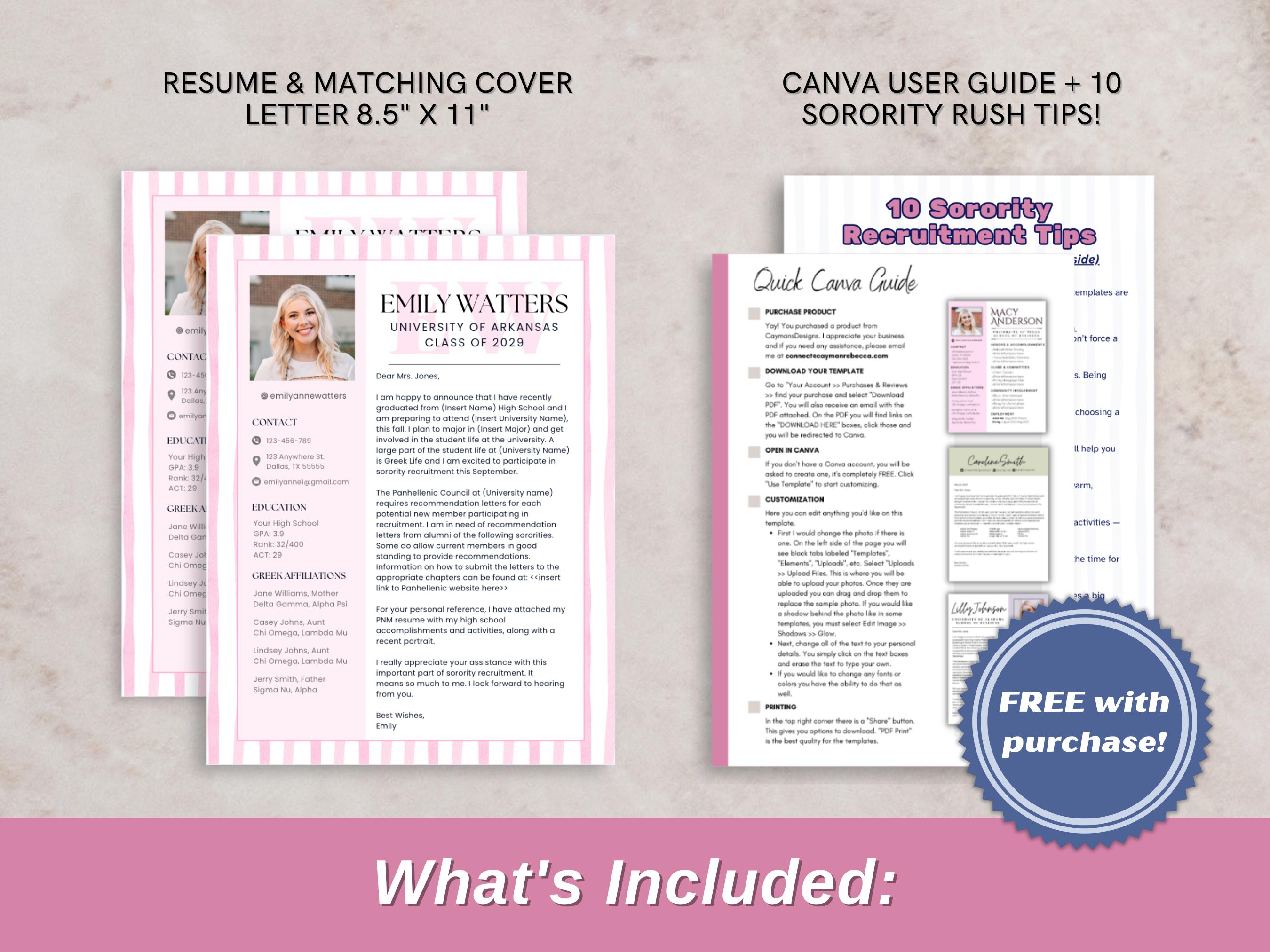 Sorority Rush Editable Resume With Photo + Cover Letter | Pink Social ...