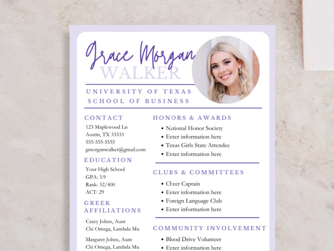 Sorority Rush Resume, Cute Sorority Rush Template, Sorority Rush Resume ...