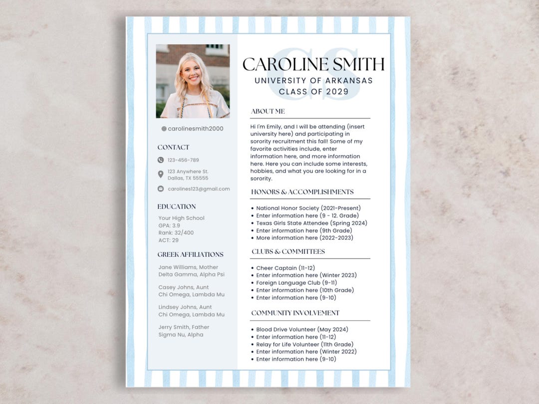 Blue Sorority Rush Resume With Photo + Cover Letter | Editable Social ...