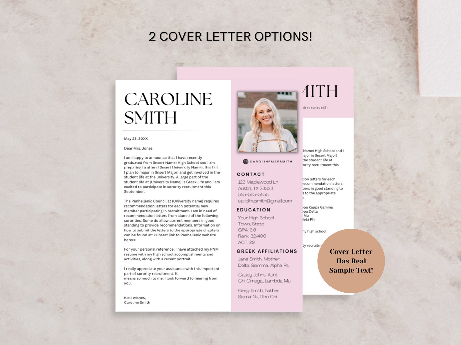 Resume Template for Sorority Rush & Cover Letter | Customizable Canva ...