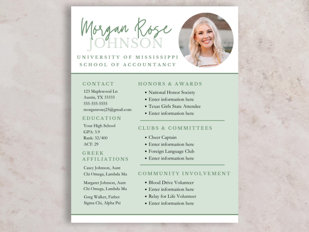 Sorority Rush Resume Template Pack - Editable Green Social Resume ...