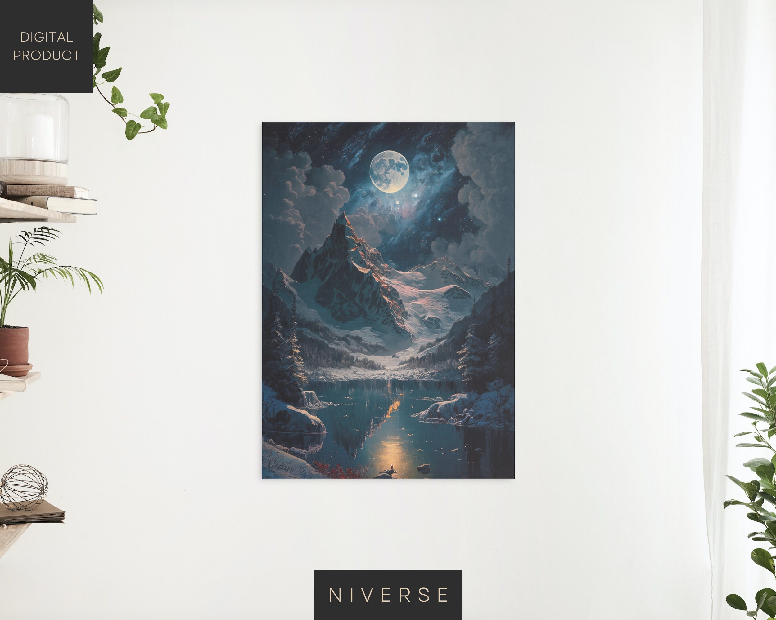 Mountains Night Sky Full Moon Digital Print Landscape View Instant ...