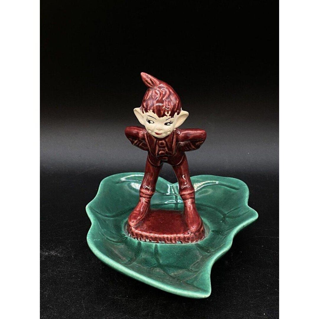 Gilner Maroon Pixie Elf on Green Leaf Leaning Forward Trinket Dish 1950 Vintage - Etsy