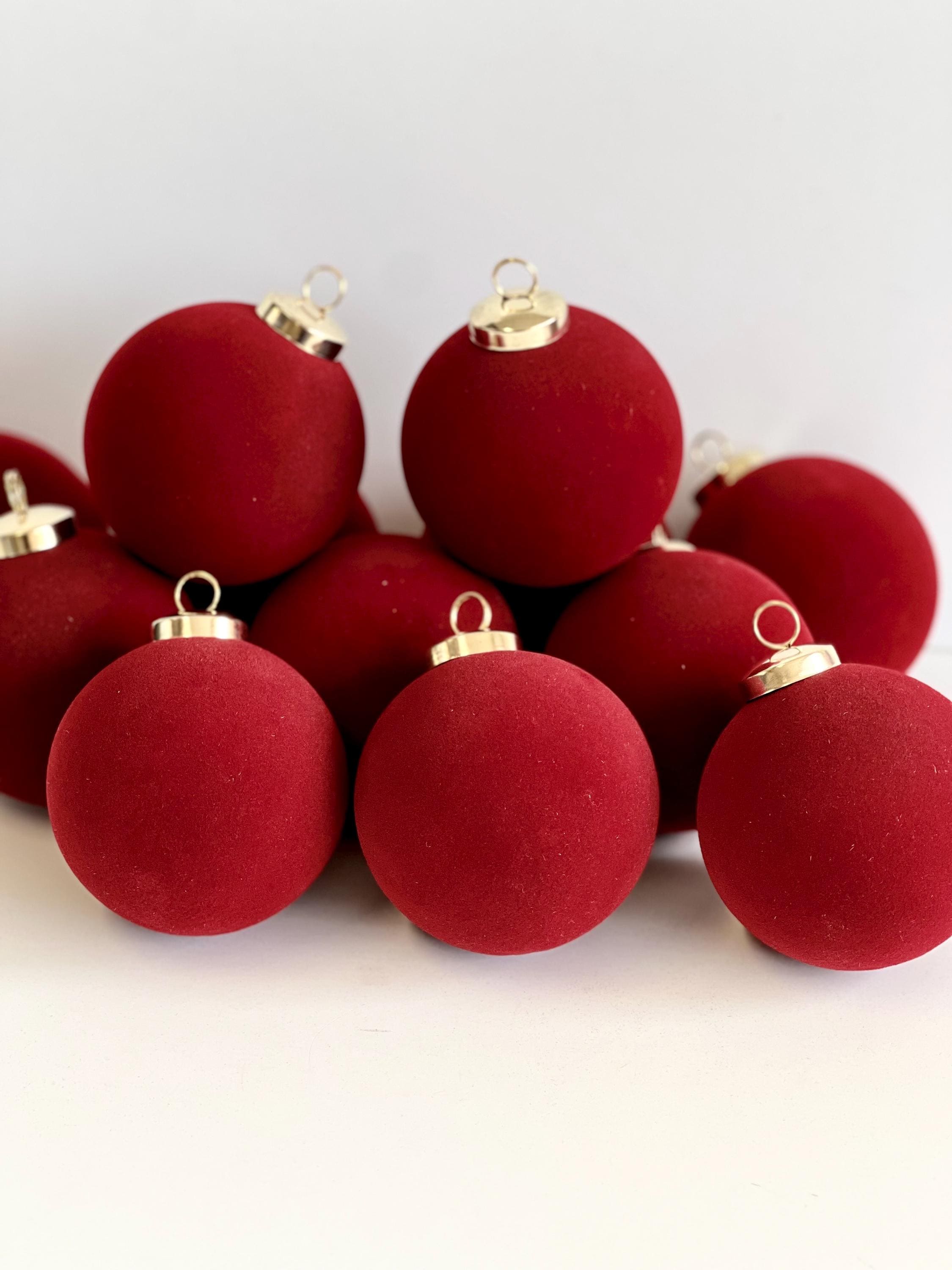 Flocked Christmas Ornaments: Cherry Red, Burgundy Colors- 12 Pcs ...