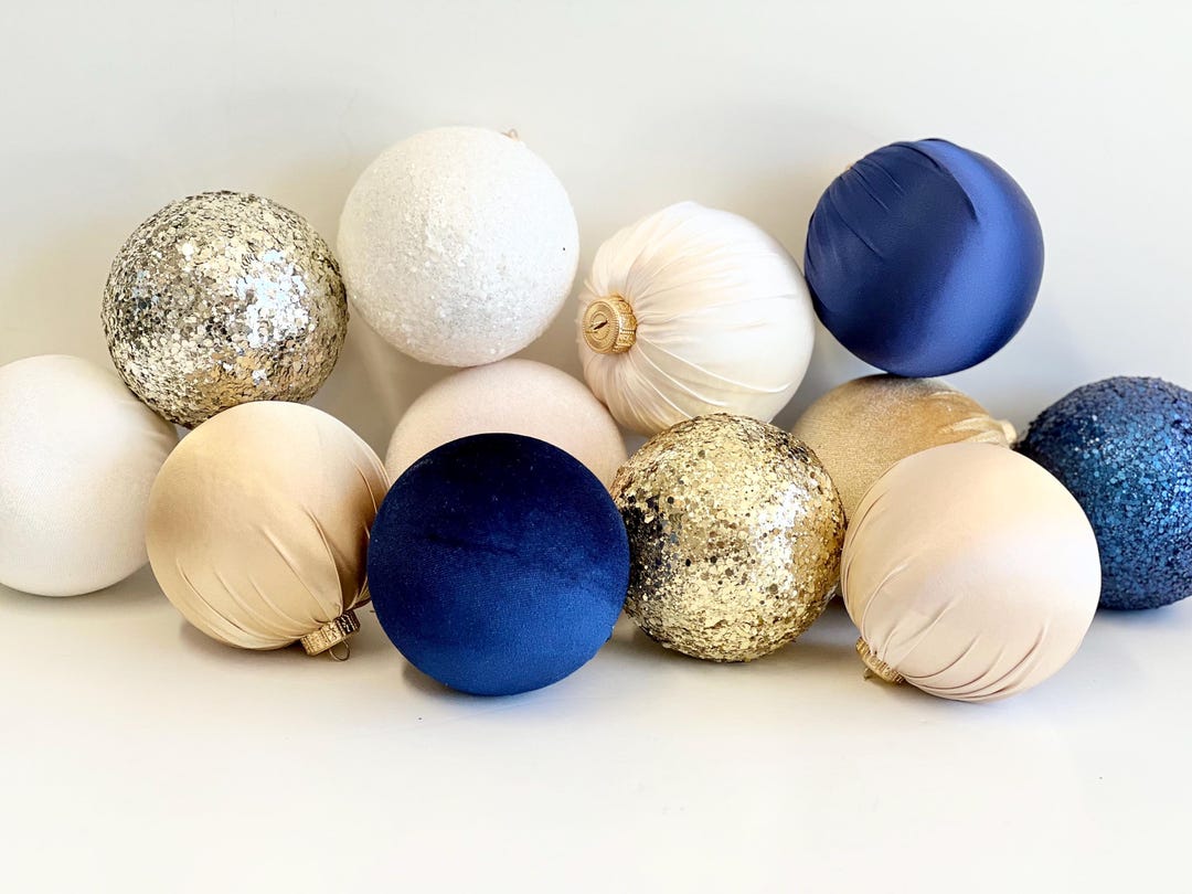 12 Pcs Luxury Gold Blue Christmas Ornaments, Mix of Velvet Satin ...