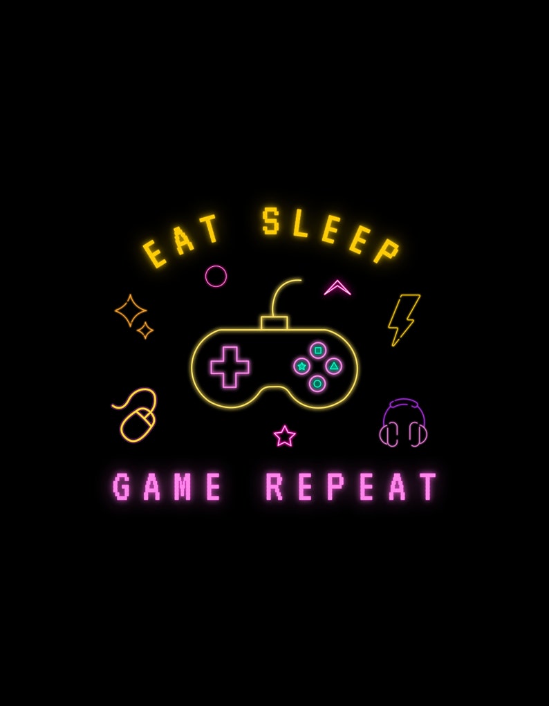 Pink and Yellow Neon Typography Gamer T-shirt SVG, PNG, PDF Typography ...