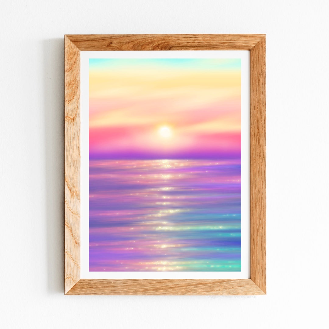 Dreamy Sunset Art Print, Sparkly Water, Beach Wall Art, Rainbow Artwork ...