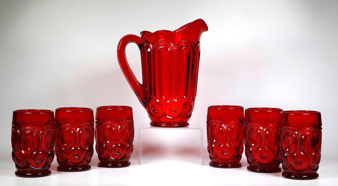 Vintage Weishar Moon and Star Full Size Ruby Red Pitcher & 6 Glasses ...