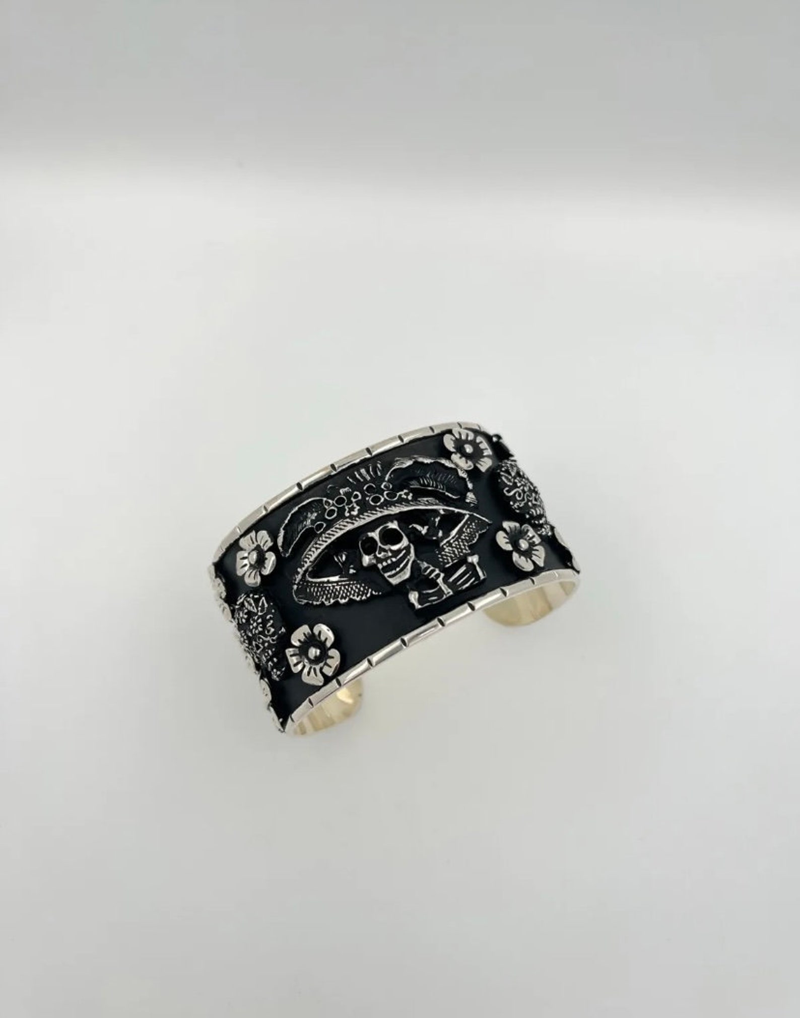 Pirate Flower Black Goth Art Hardy 925 Sterling Silver Wide Cuff Bangle ...