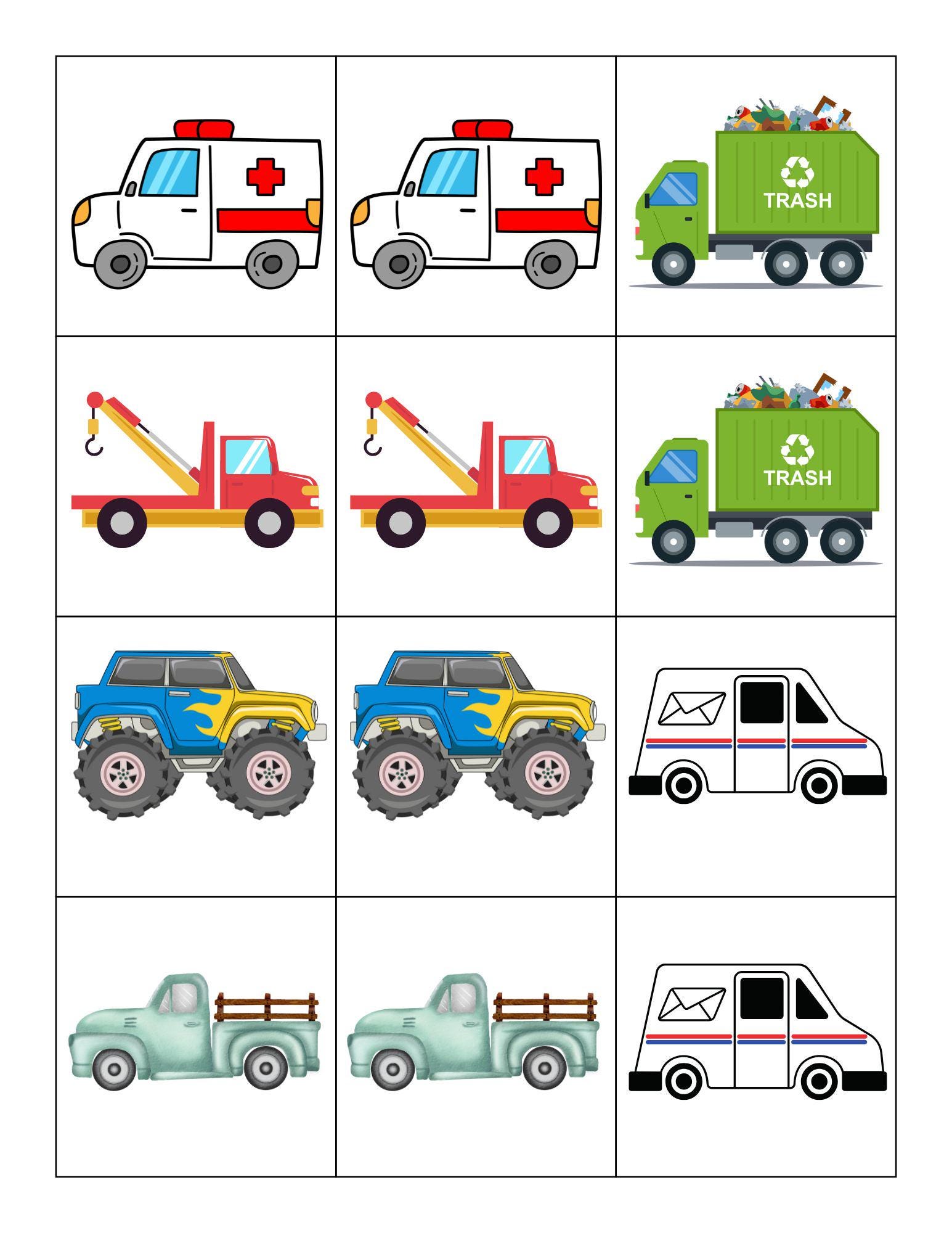 Toddler Truck Memory Game Printable, Toddler Matching Activity - Etsy