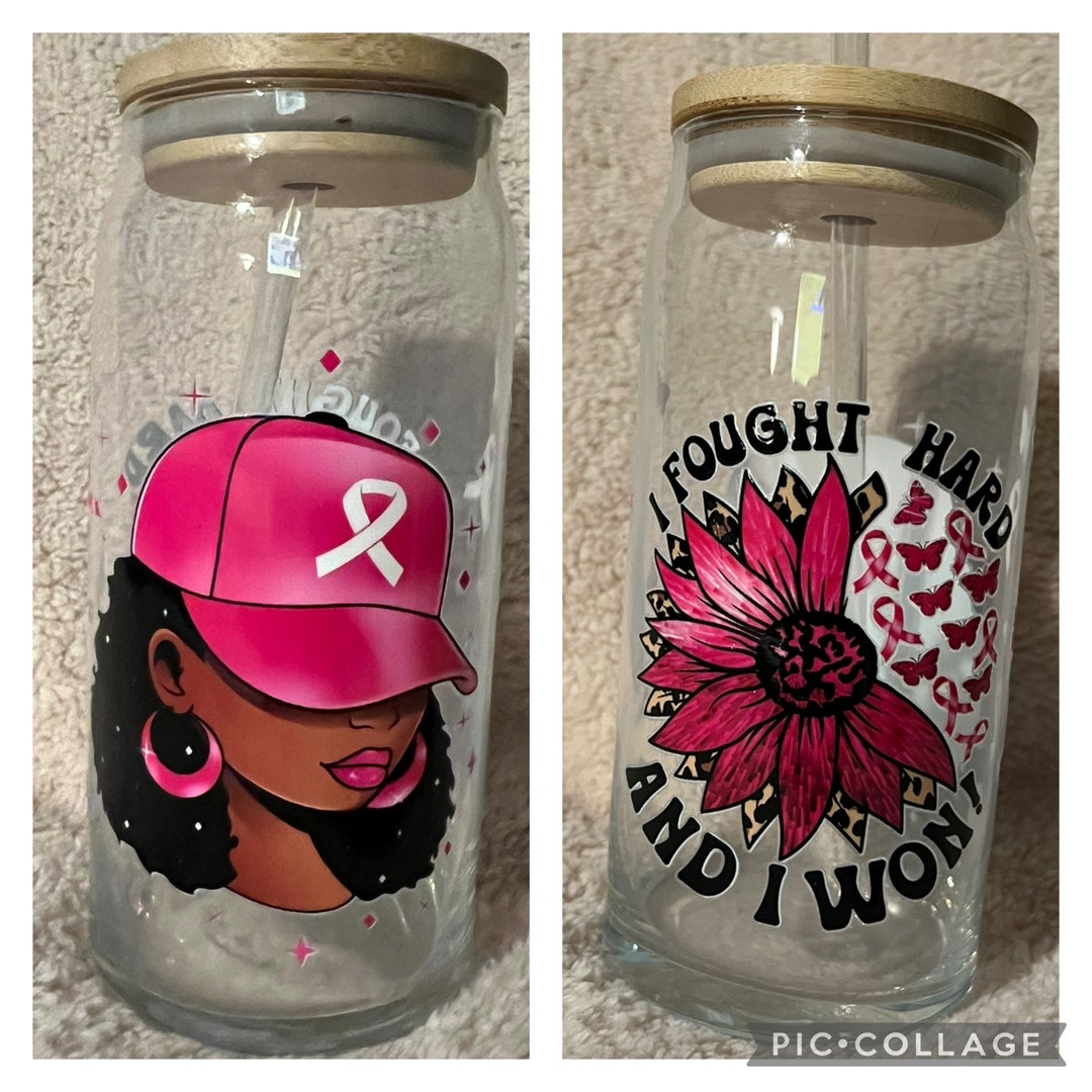 Breast Cancer Glass Can, Iced Coffee Glass, Breast Cancer Cup, Breast ...