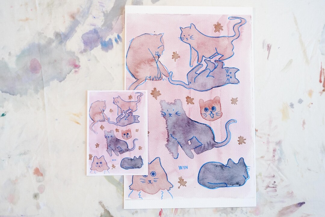Cat Doodles in Pink | Fine Art Textured Print for Wall Art and Desk ...