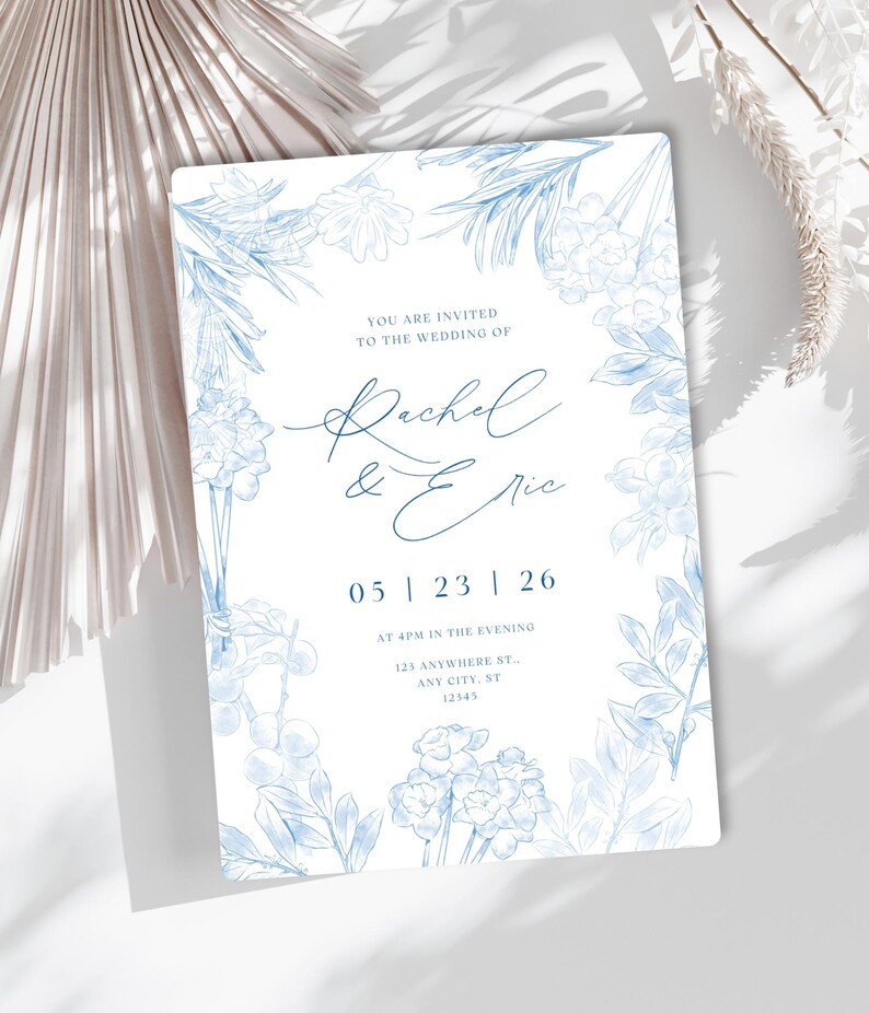 Blue Floral Invitations for Wedding, Custom Printed and Shipped Save ...