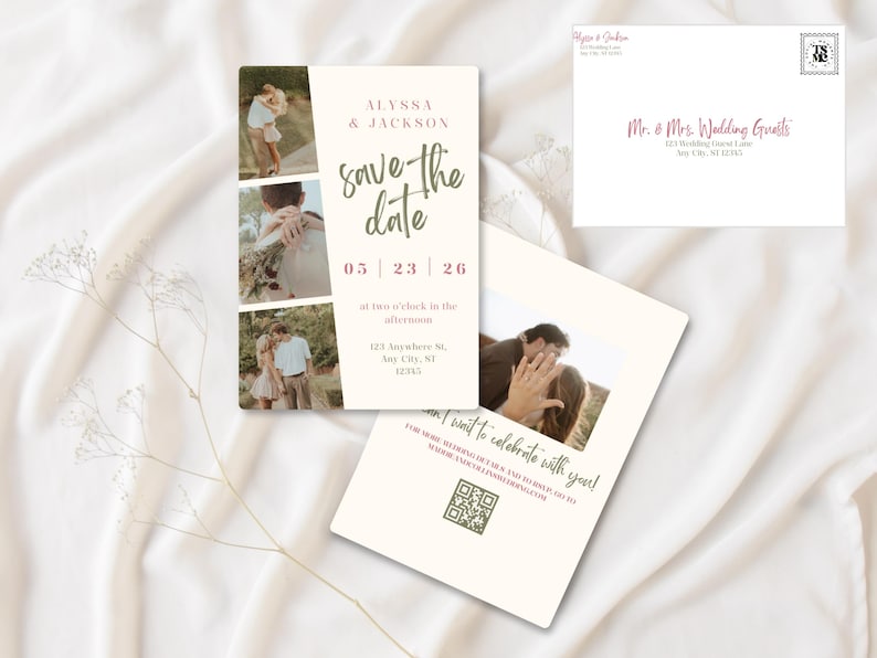 Save the Date Photo Strip Template, Minimalist Sage Rose Wedding ...