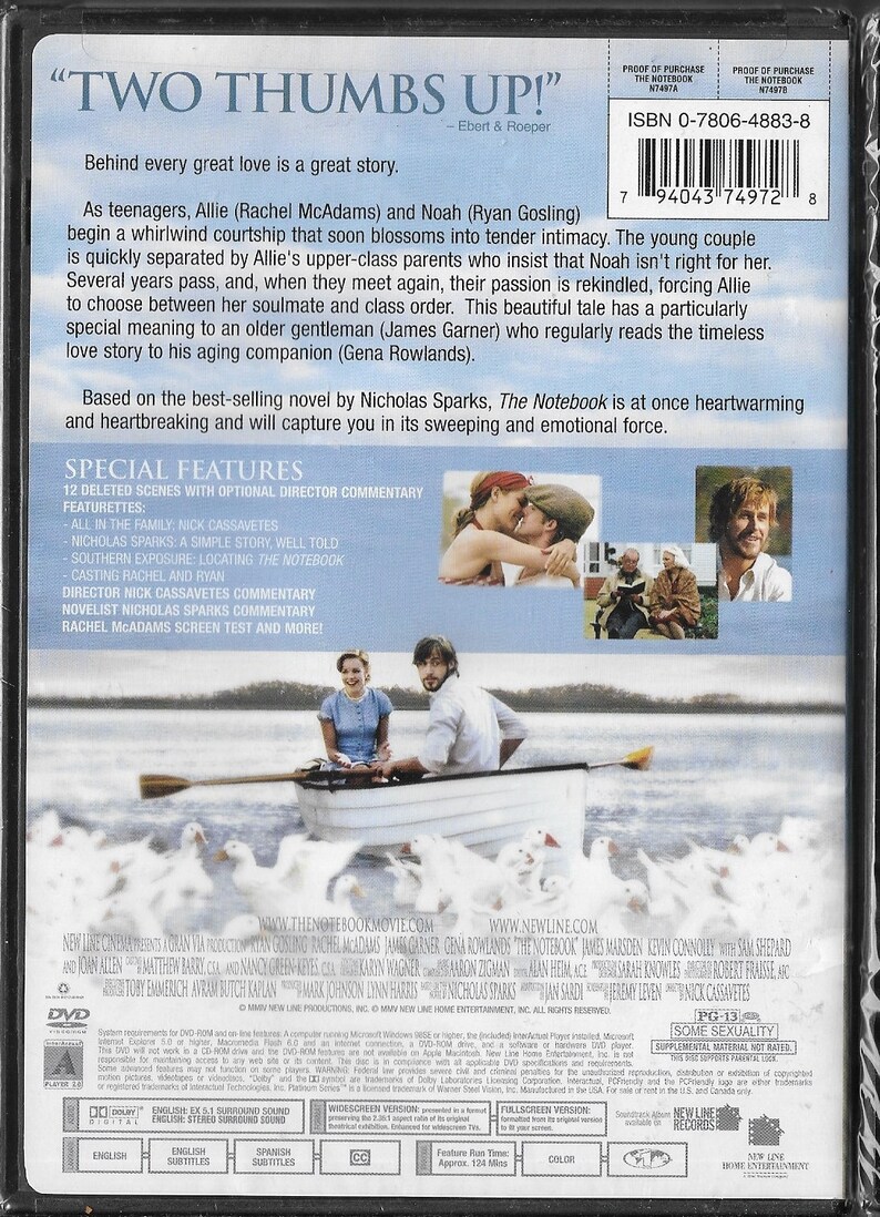 The Notebook (DVD, 2004) Romance, Drama, Ryan Gosling, Rachel Mcadams ...