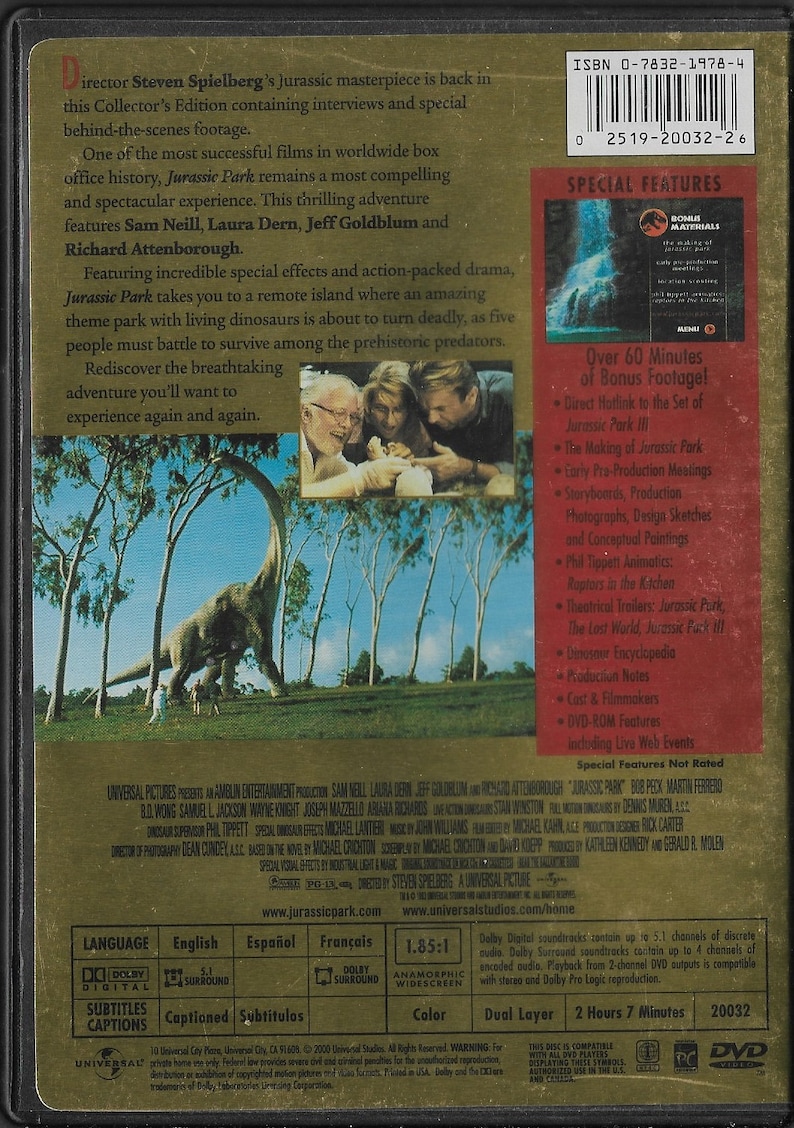 Jurassic Park (DVD, 1993) Sci-fi, Sam Neill, Jeff Goldblum, Samuel L ...