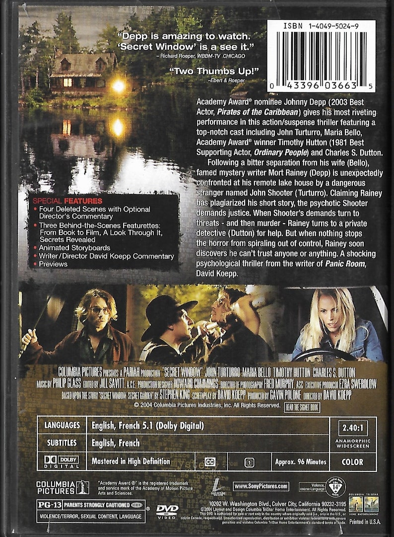 Secret Window - Stephen King (DVD, 2004) Johnny Depp, John Turturro ...