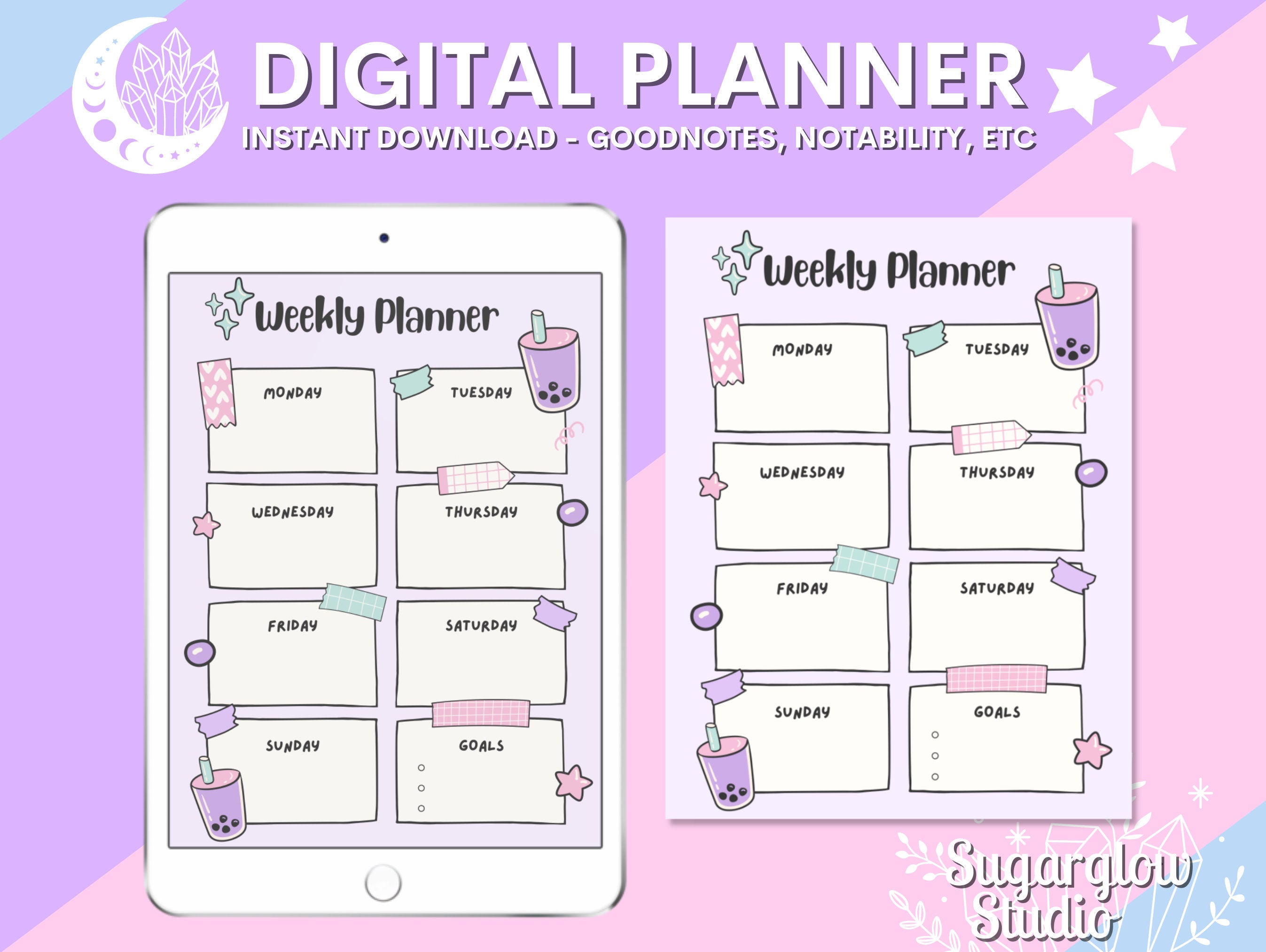 Cute Bubble Tea Weekly Planner, Goodnotes Digital Planner Template PDF ...