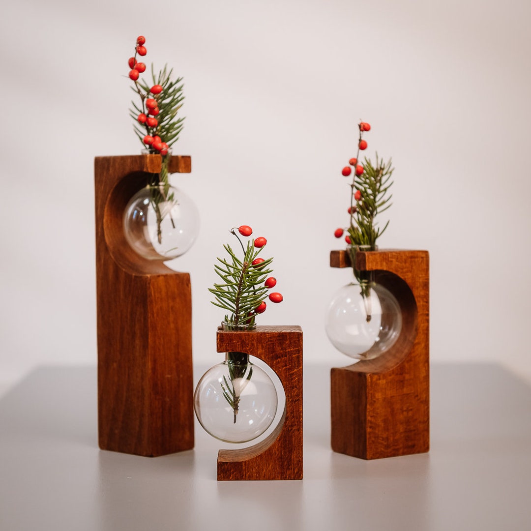 Test Tube Vase Wooden Stand Decoration Gift Idea in Iroko Wood Color - Etsy