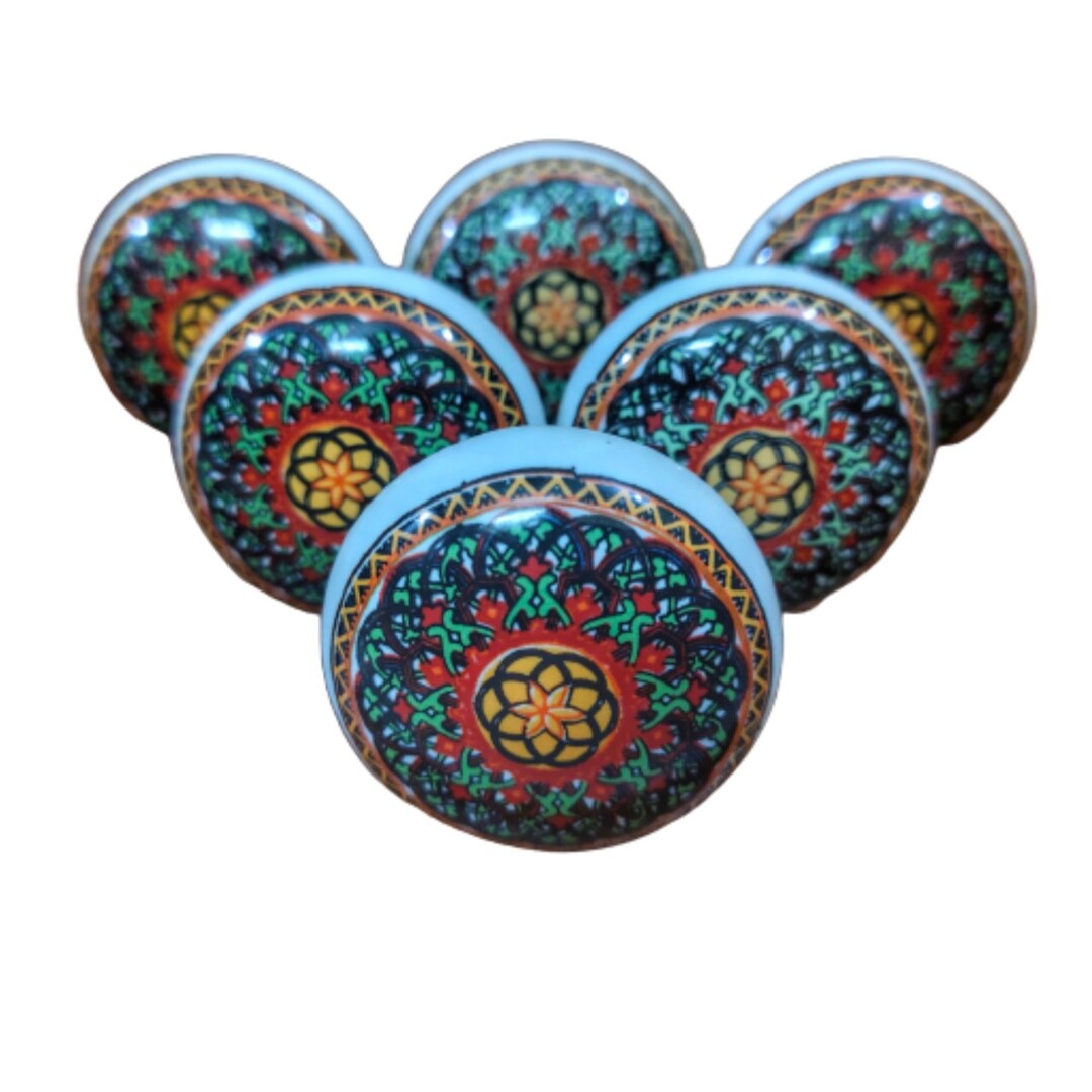 10 Multicolor Ceramic Knobs Door Knob Cupboard Pulls Kitchen Drawer Puller Pull Mandala Design ...