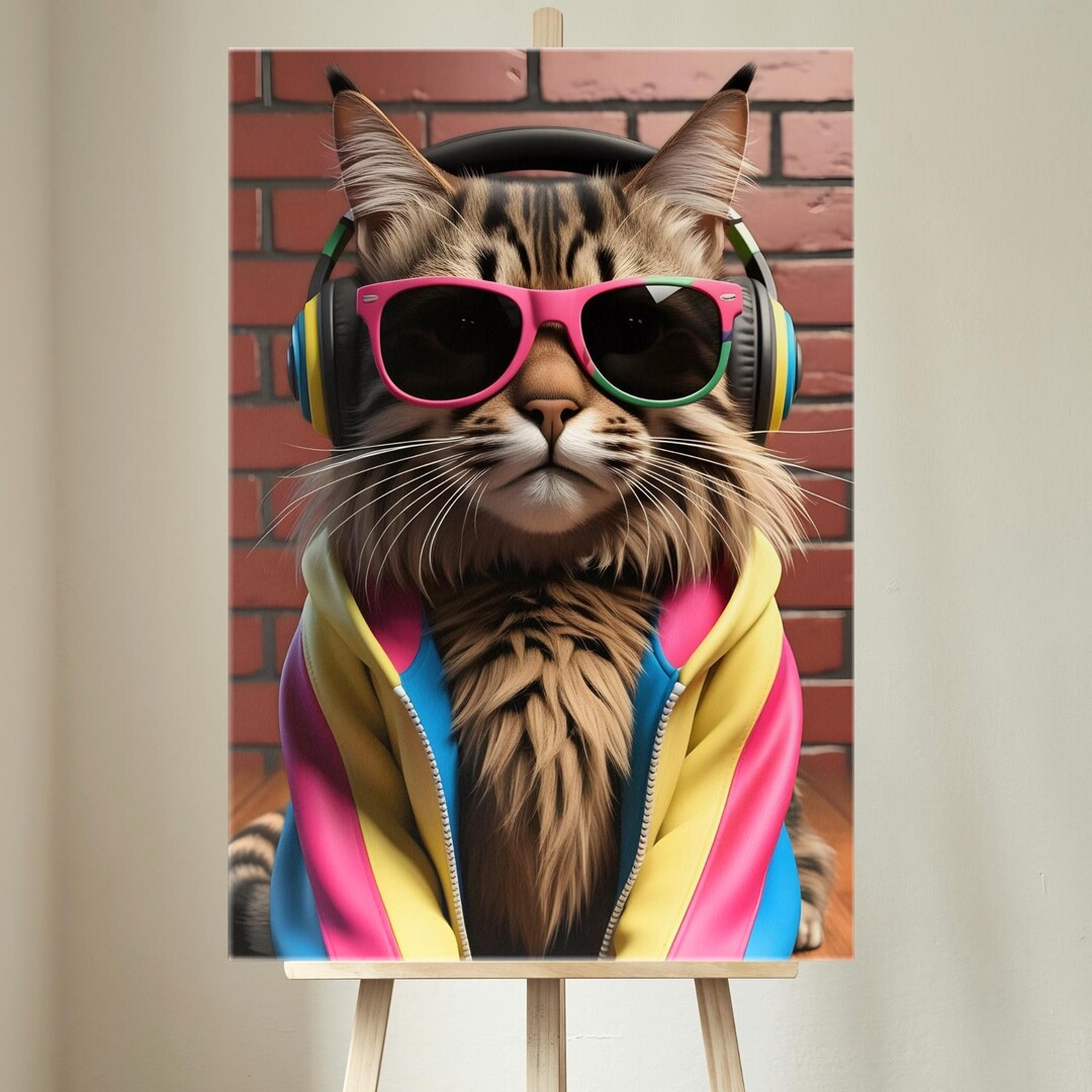 Funky Cat Wall Art Digital Download A2, 90s Throwback Theme, Cat Lover ...