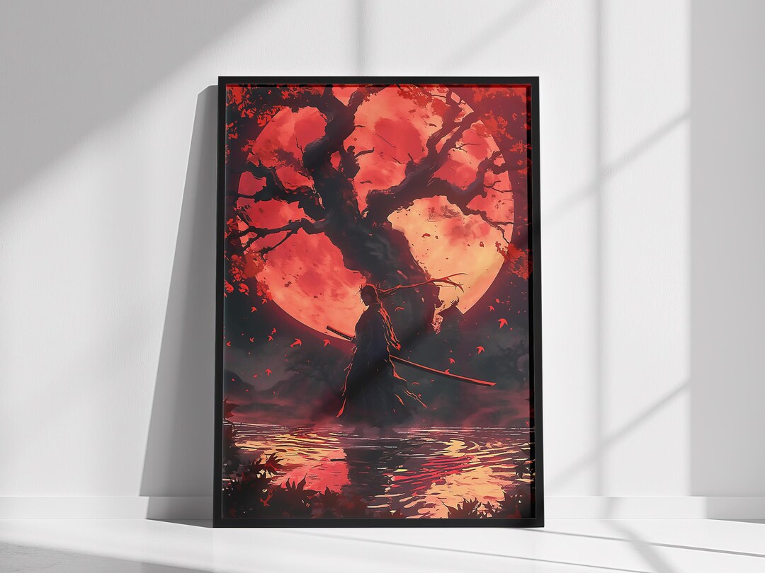 Anime Inspired Samurai Red Moon Night Framed Wall Art - Etsy