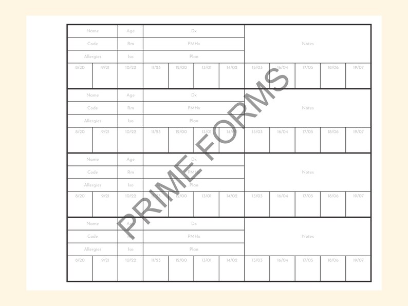 4-patients Fillable Nursing Report Sheet, Brain Sheet, Day/night ...