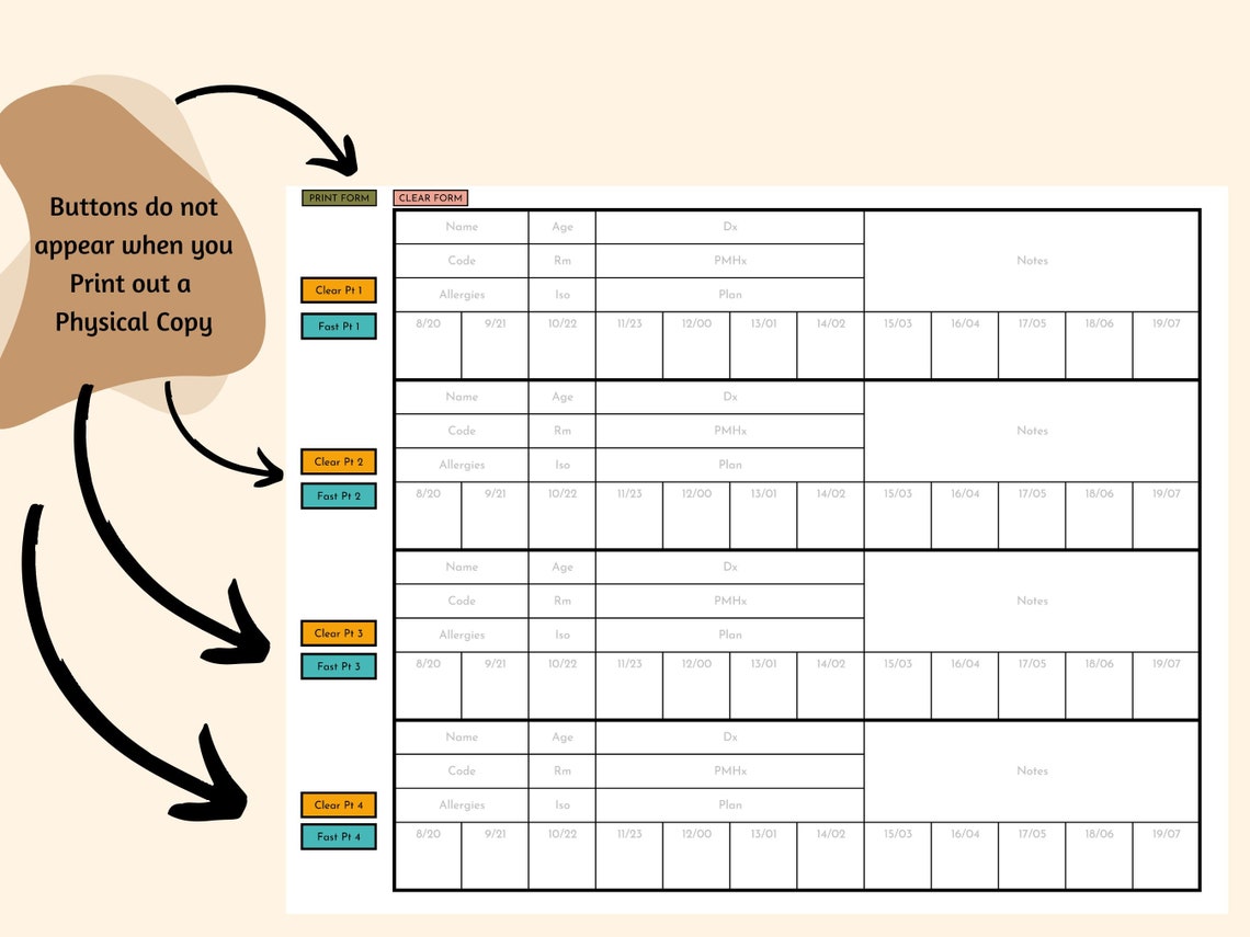 4-patients Fillable Nursing Report Sheet, Brain Sheet, Day/night ...