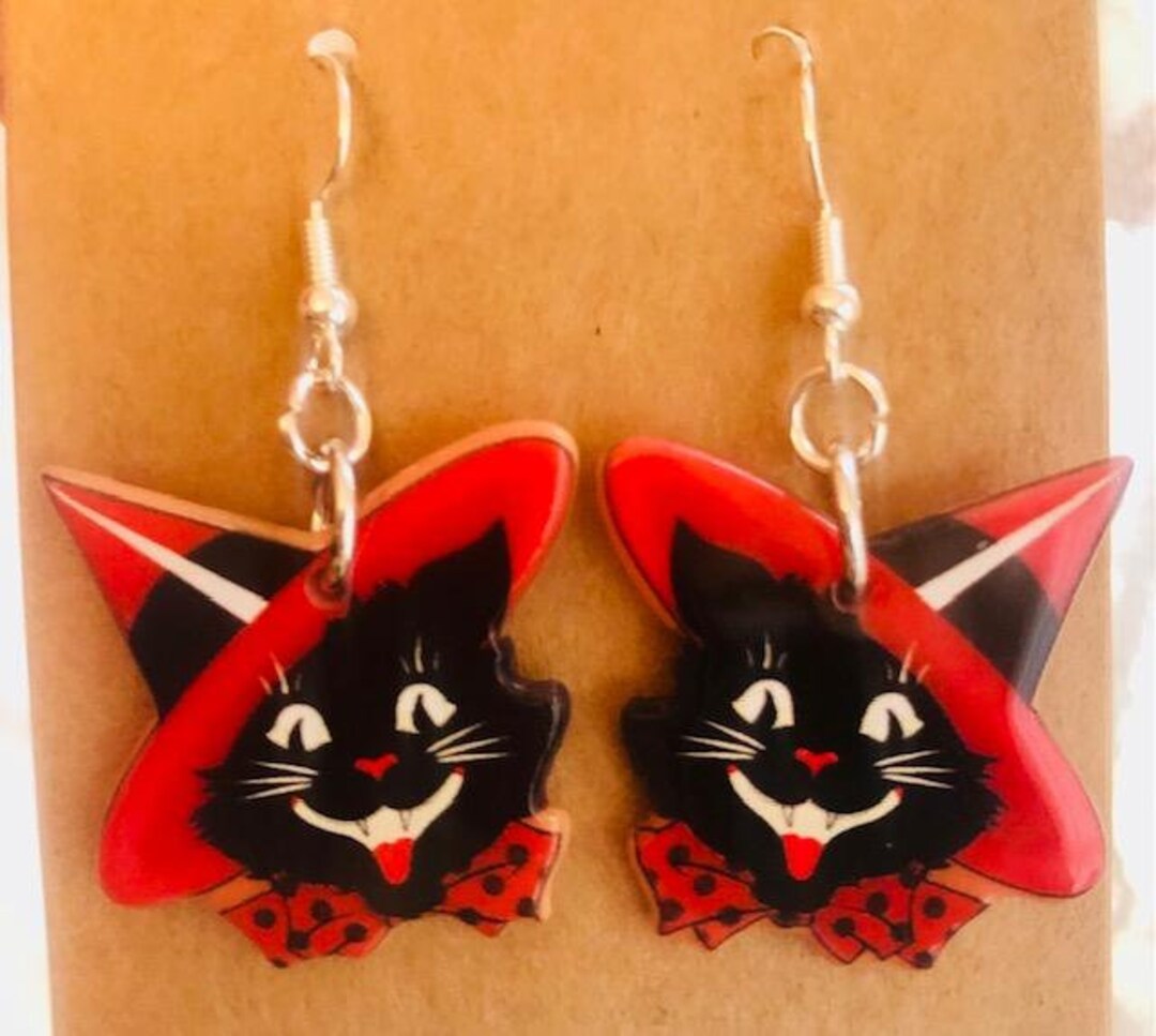 Vintage Style Red Hat Black Cat Dangle Earrings - Etsy