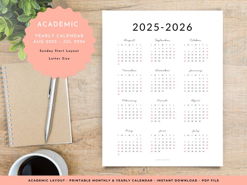 Academic Calendar Printable: Aug 2025 - Jul 2026, Mon-fri Layout (8 ...