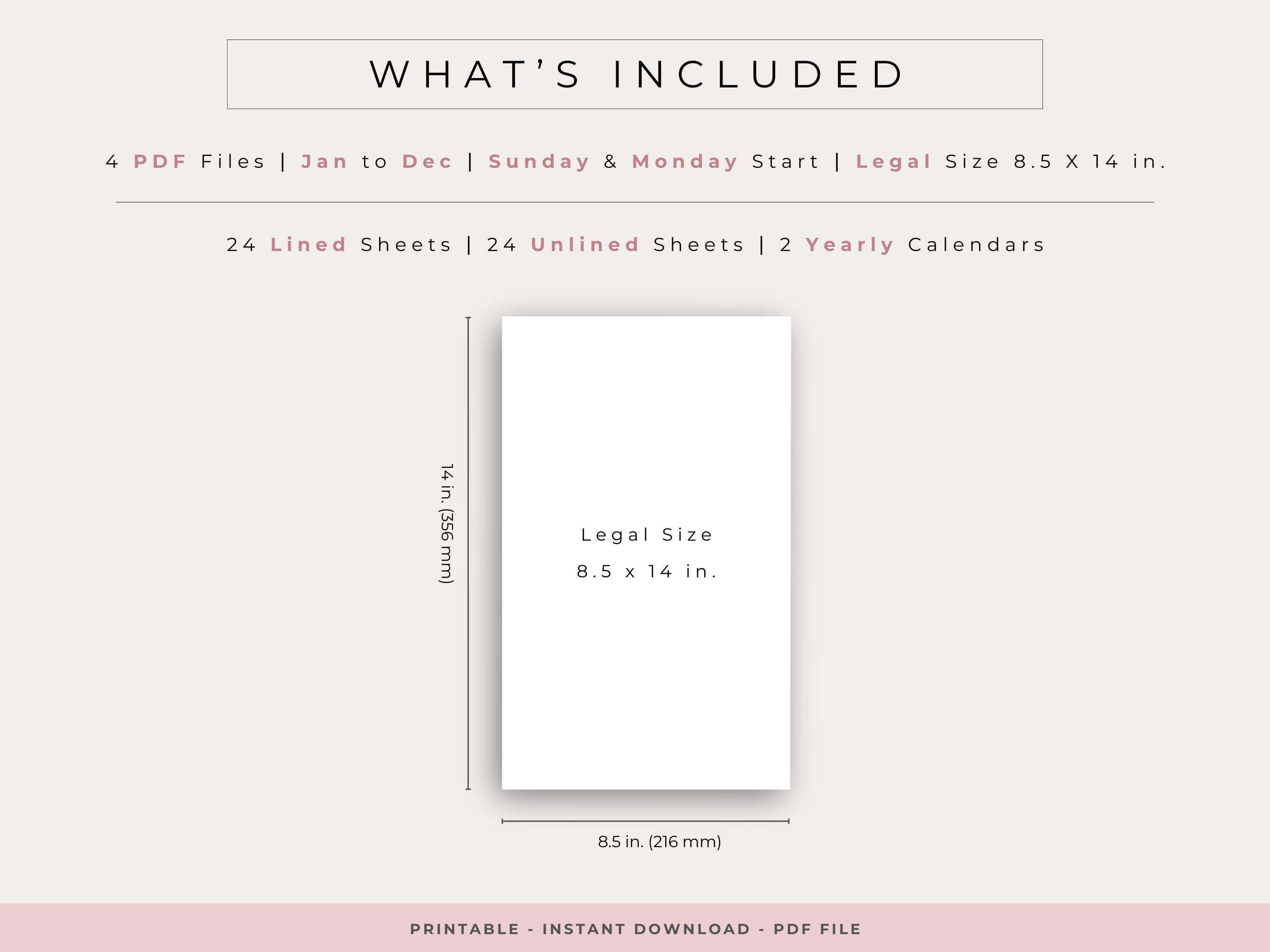 Printable Legal Size 8.5x14 2024 Monthly & Yearly Minimalist Calendar ...