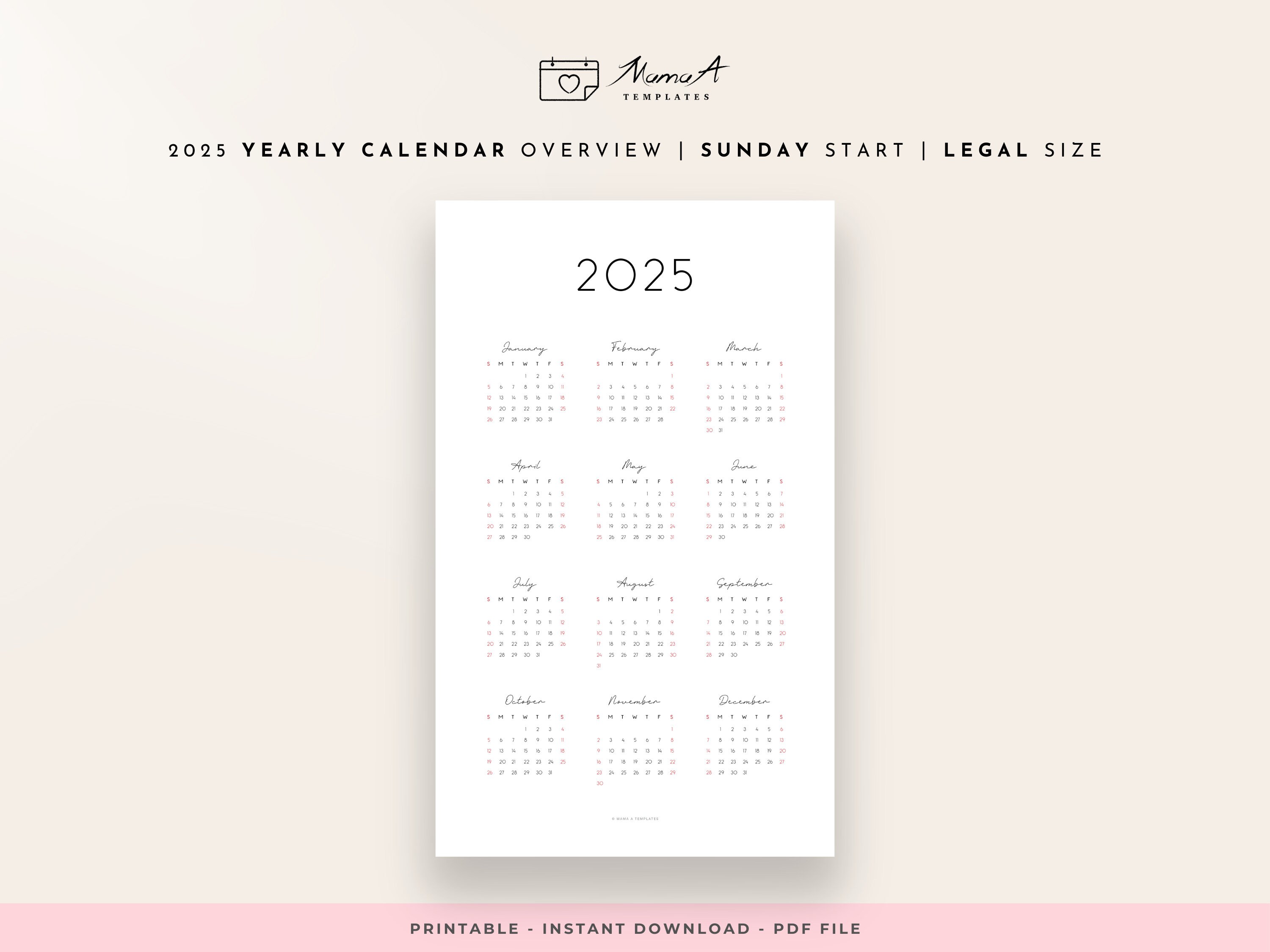 2025 Monthly & Yearly Printable Wall Calendar Vertical | Legal Size 8.5 ...