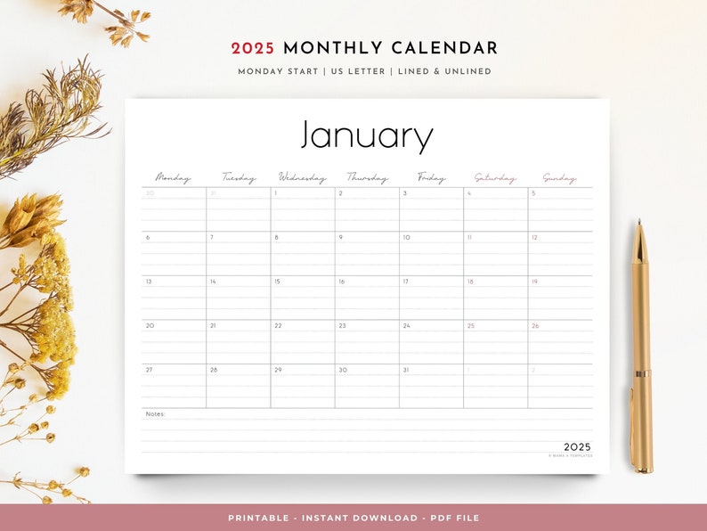 2025 Monthly & Yearly Printable Desk Calendar Horizontal | Letter Size ...
