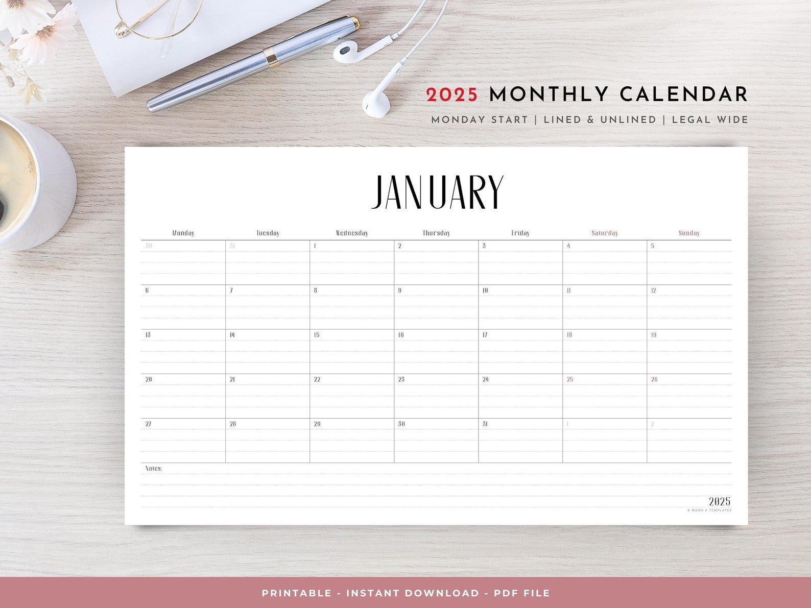 2025 Monthly & Yearly Printable Wall Calendar Horizontal Legal Size 8.5 ...