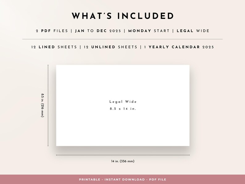 2025 Monthly & Yearly Printable Wall Calendar Horizontal Legal Size 8.5 ...