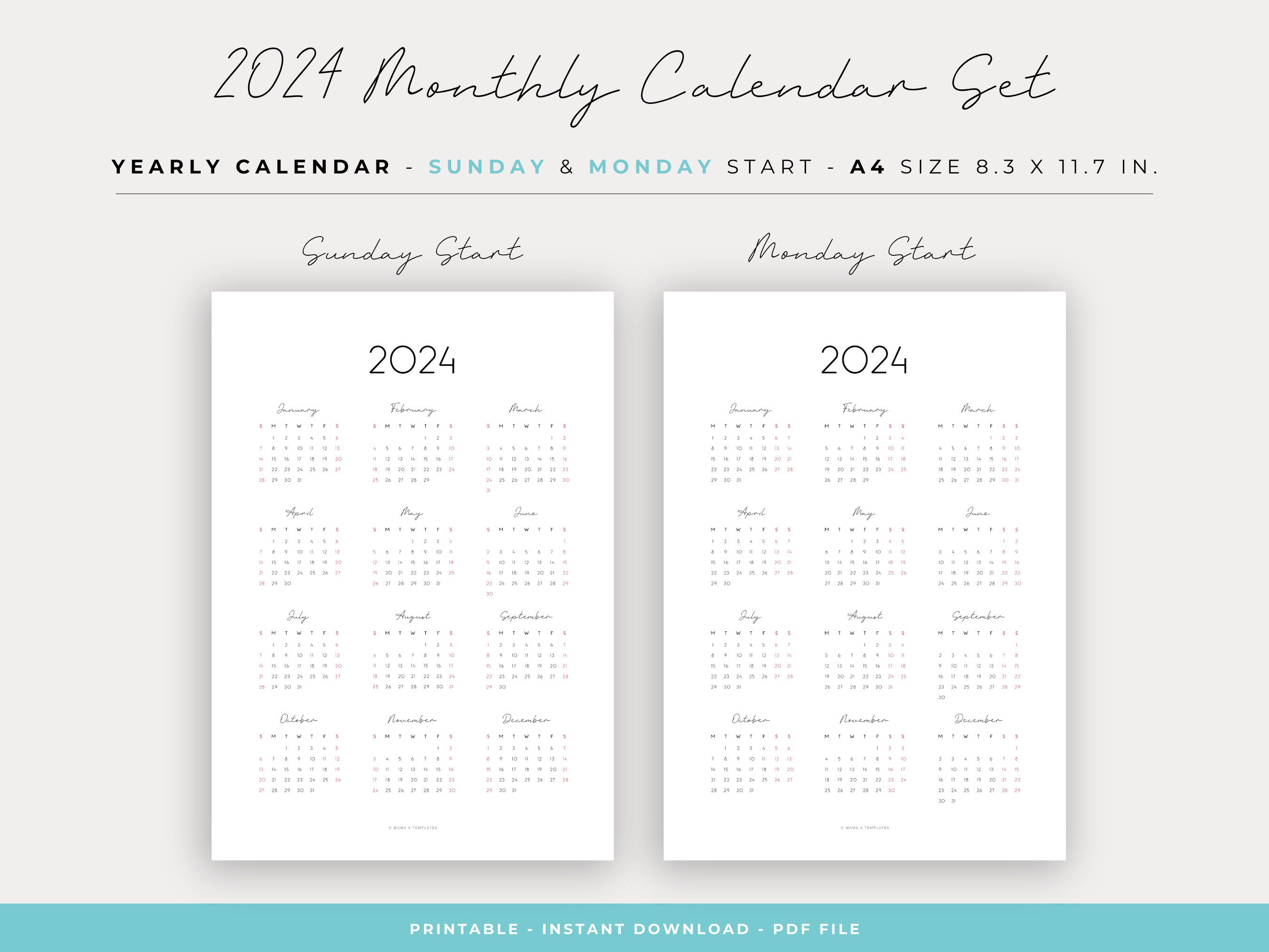 A4 Size 8.3 X 11.7 In 2024 Printable Monthly Calendar & - Etsy Australia