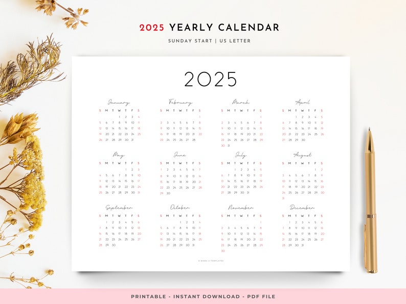 2025 Monthly & Yearly Printable Desk Calendar Horizontal Letter Size 8 ...