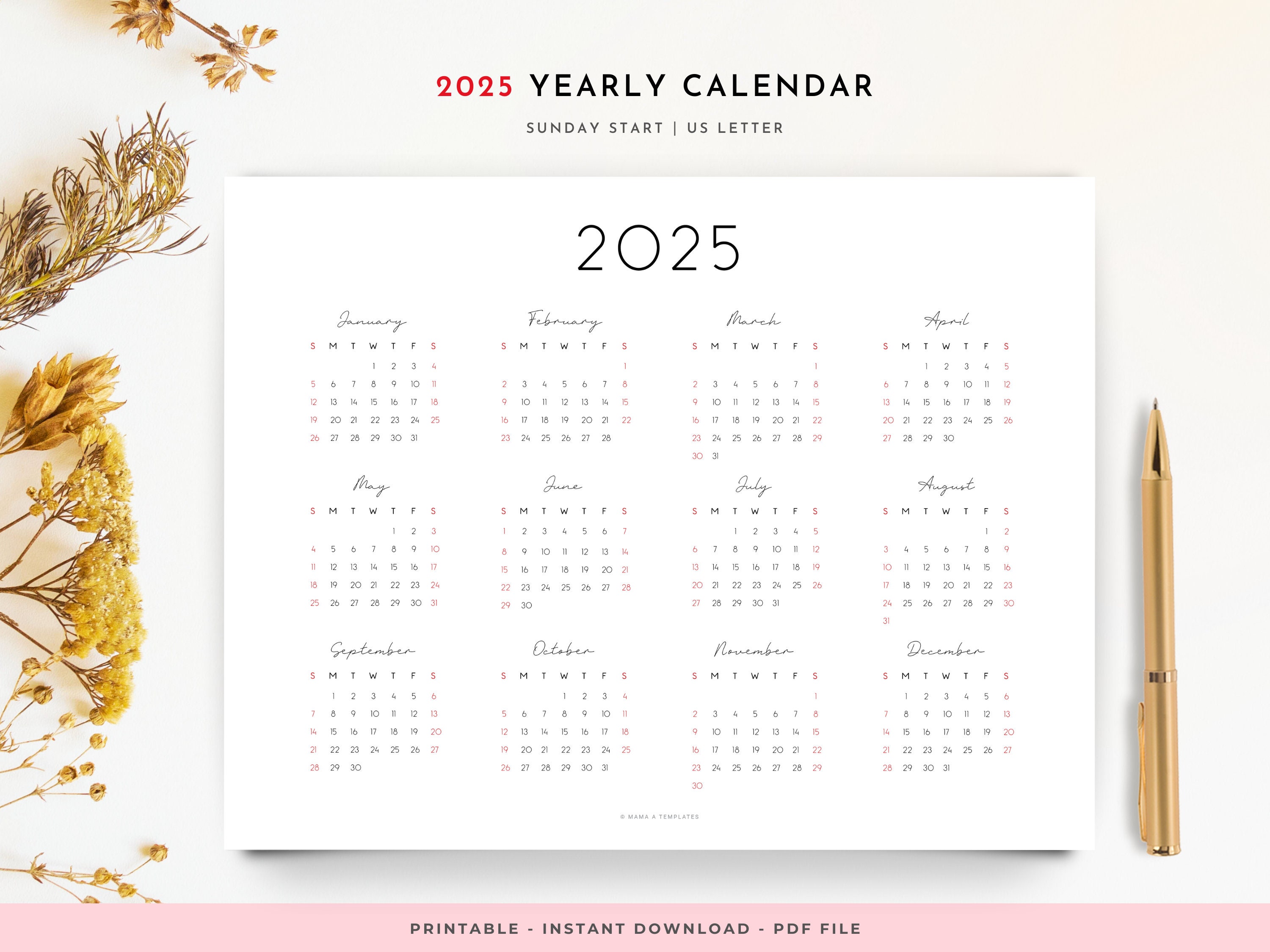 2025 Monthly & Yearly Printable Desk Calendar Horizontal Letter Size 8 ...