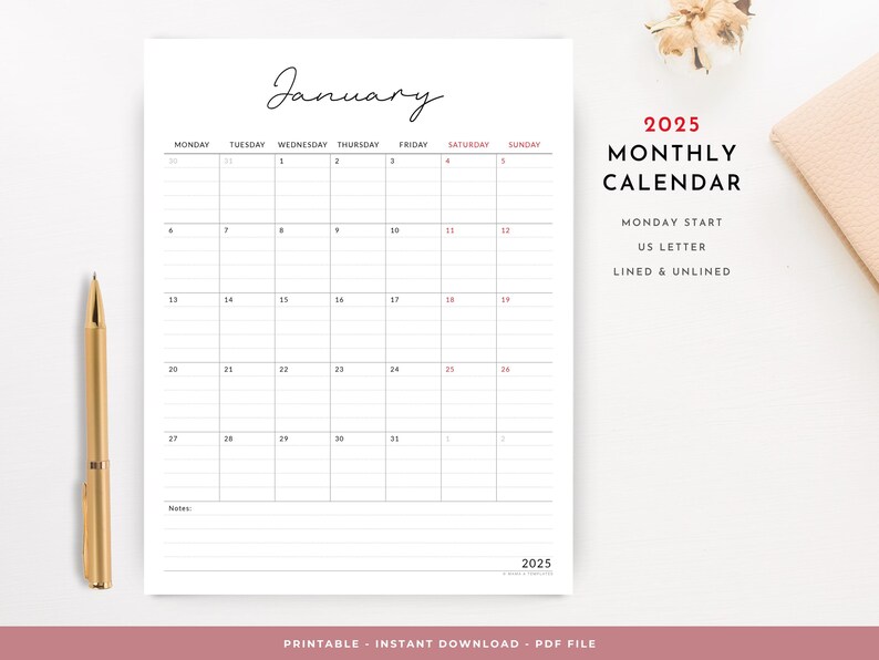 2025 Monthly & Yearly Printable Desk Calendar Vertical | Letter Size 8. ...