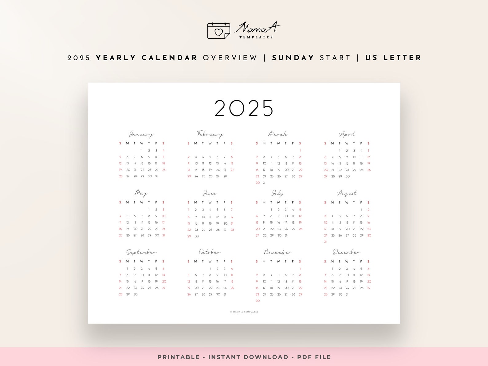 2025 Monthly & Yearly Printable Desk Calendar Horizontal Letter Size 8 ...